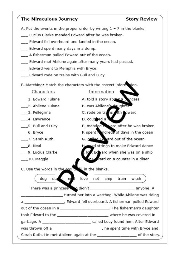Kate DiCamillo "The Miraculous Journey of Edward Tulane" worksheets ...