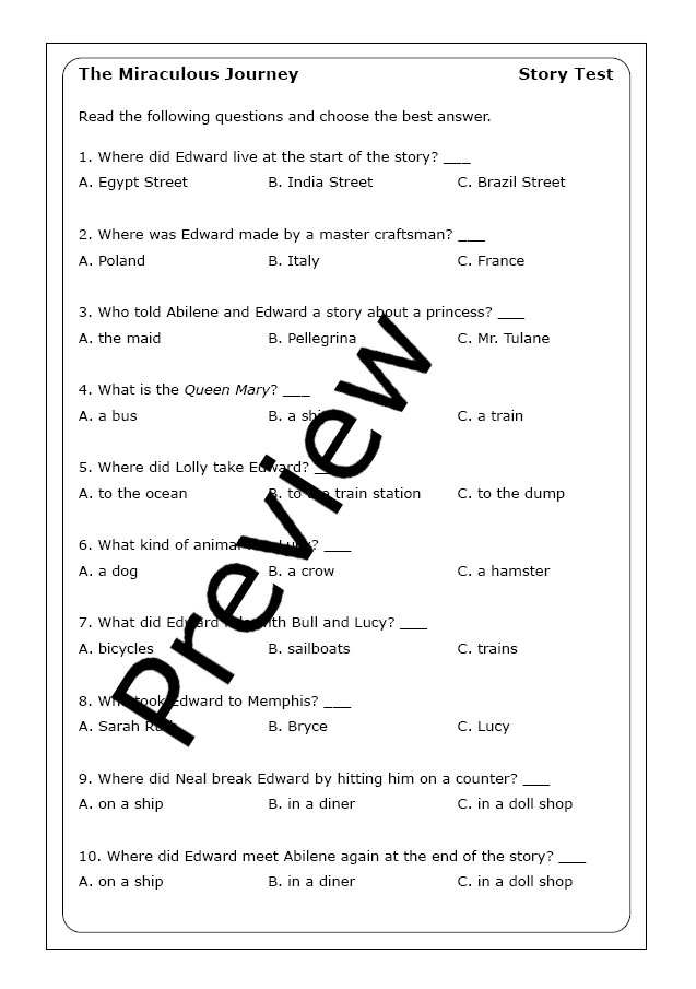 Kate DiCamillo "The Miraculous Journey of Edward Tulane" worksheets ...