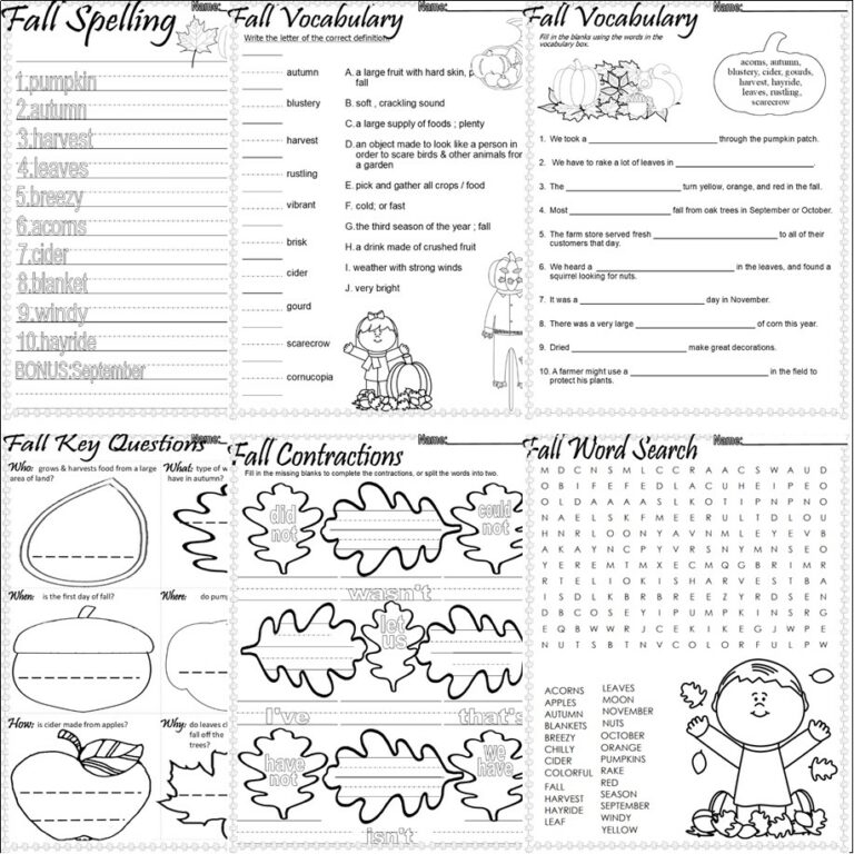 Fall Autumn Activities Worksheets Writing Vocabulary Spelling Math 40pg ...