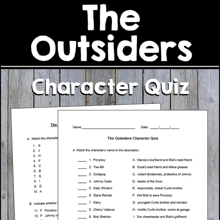 The Outsiders Character Quiz with Answer Key | Made By Teachers