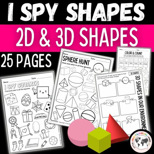 Identifying Shapes Worksheets: Spy Shapes, 3D 2D Shape Sort, Shape Hunt ...