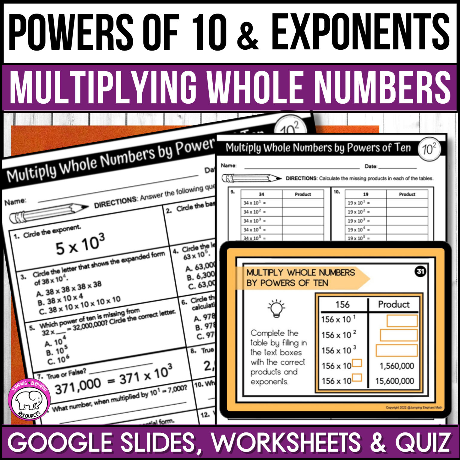 Multiply Whole Numbers by Powers of Ten with Exponents Boom Cards ...