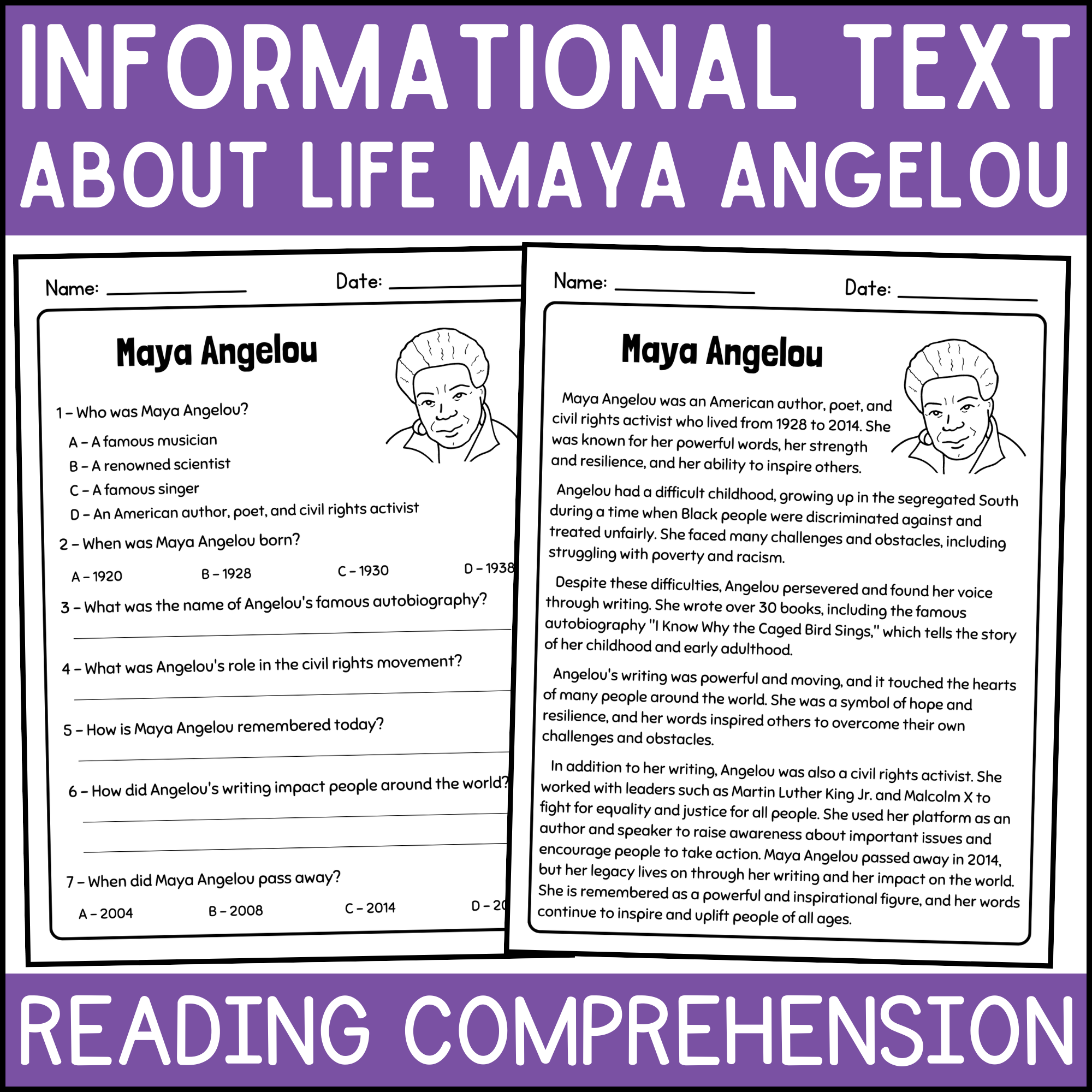 Maya Angelou: Article and Reading Comprehension Questions | Women's History Month | Made By Teachers