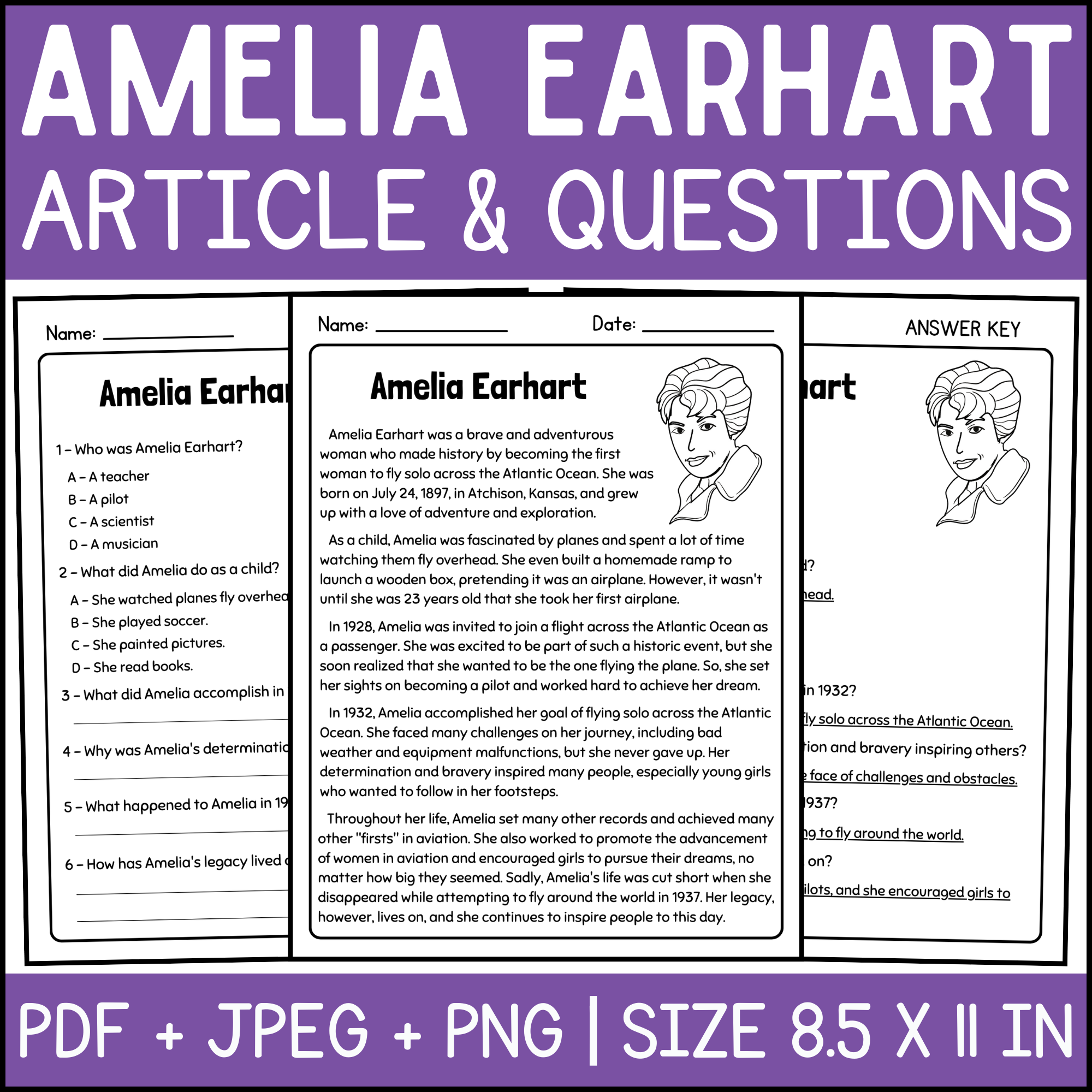 Amelia Earhart: Article and Reading Comprehension Questions | Women's ...