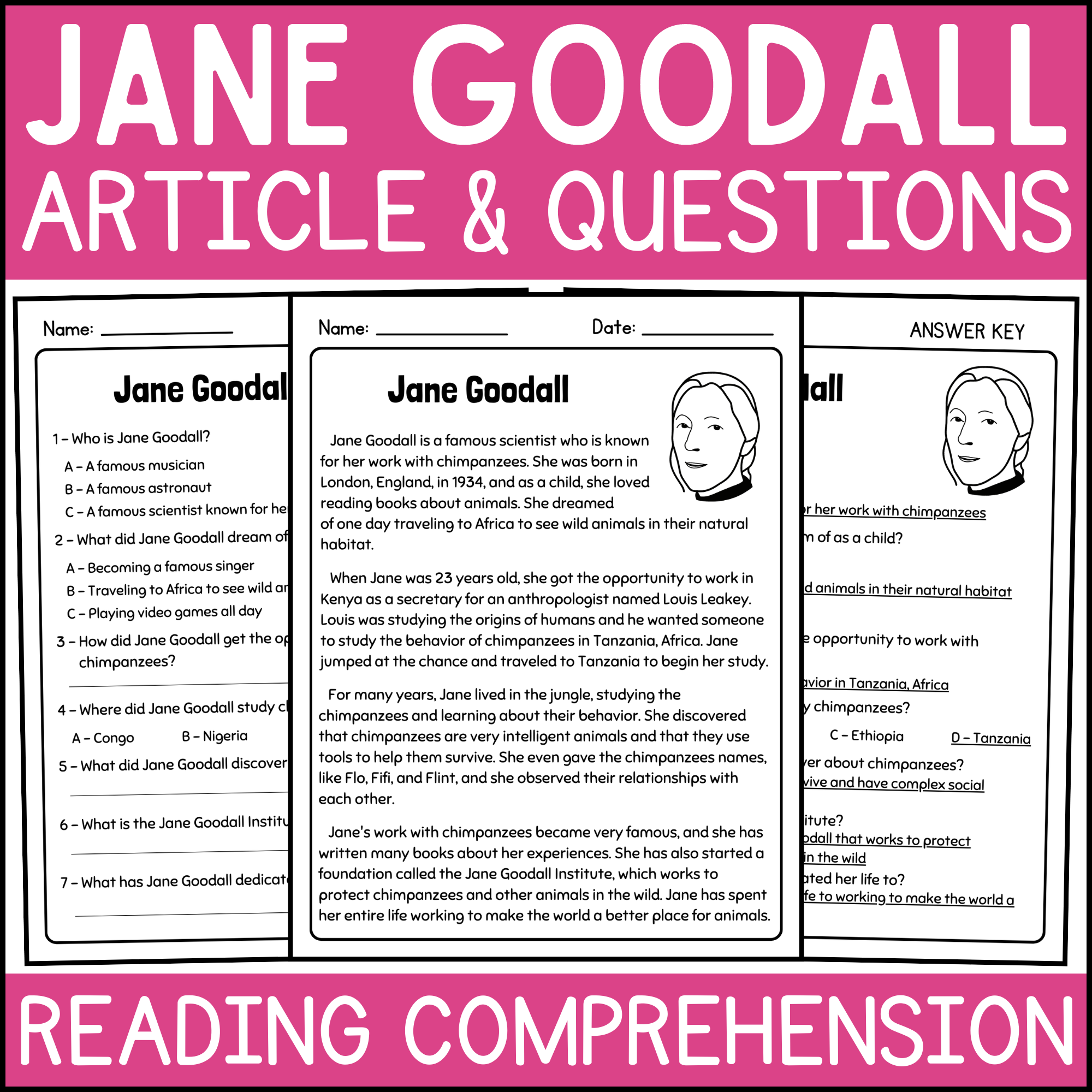 Jane Goodall: Article and Reading Comprehension Questions | Women's ...