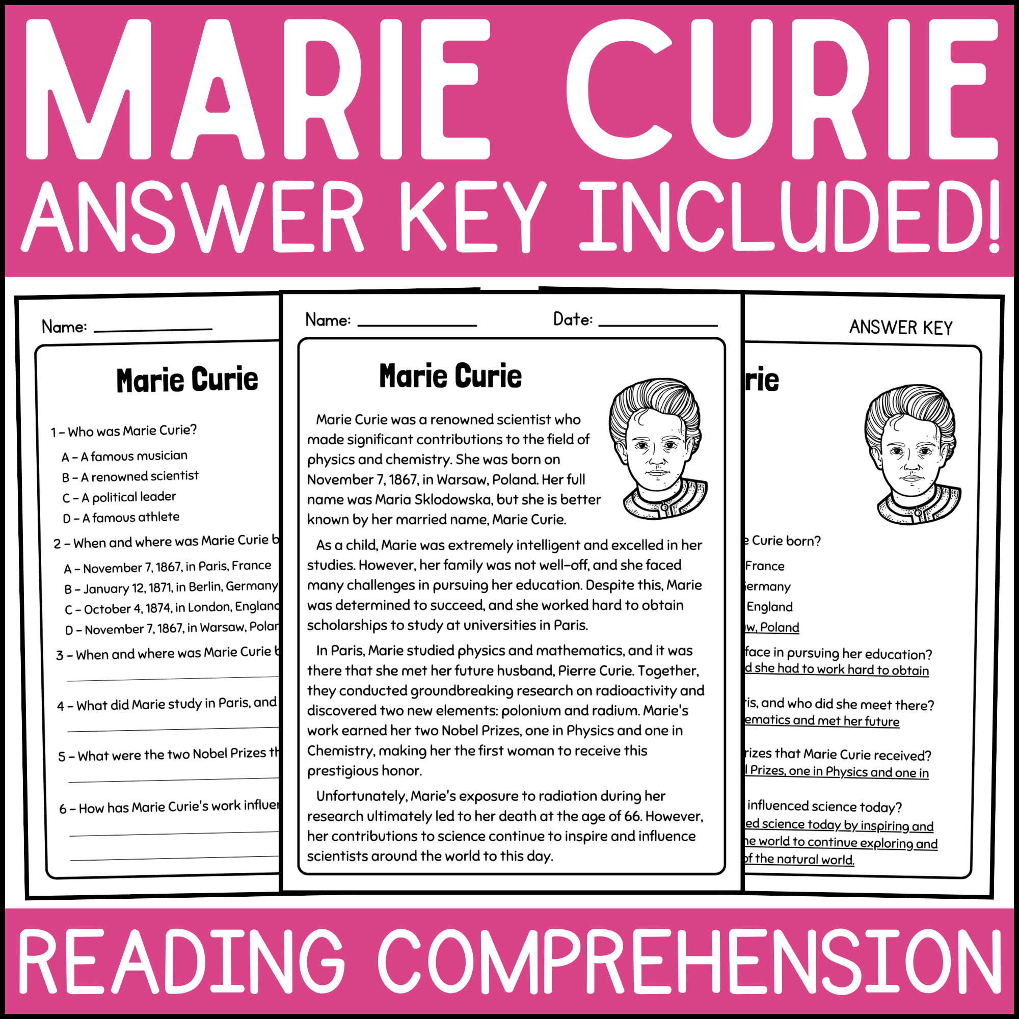 Marie Curie: Article and Reading Comprehension Questions | Women's ...