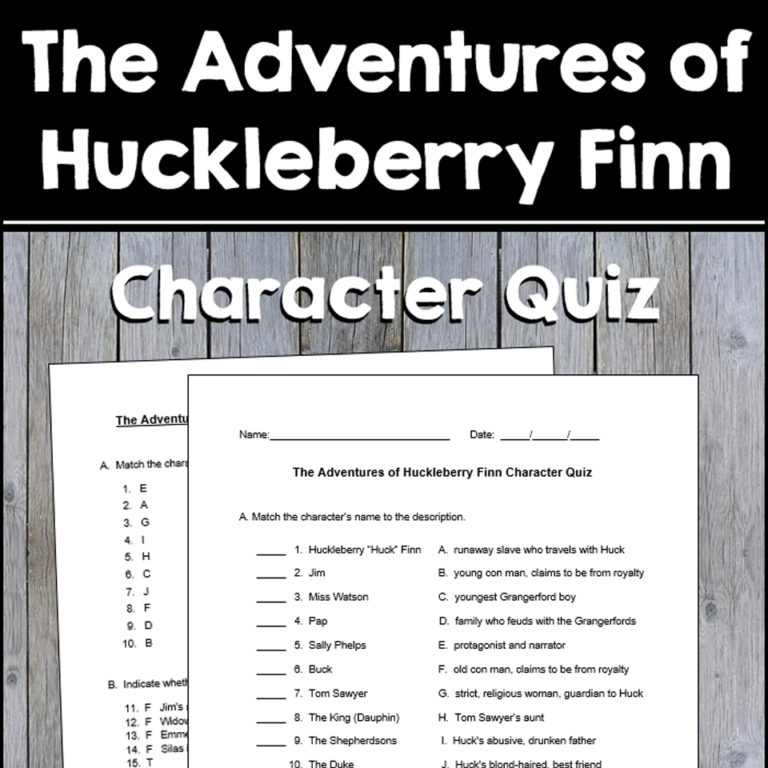 The Adventures of Huckleberry Finn Character Quiz with Answer Key ...