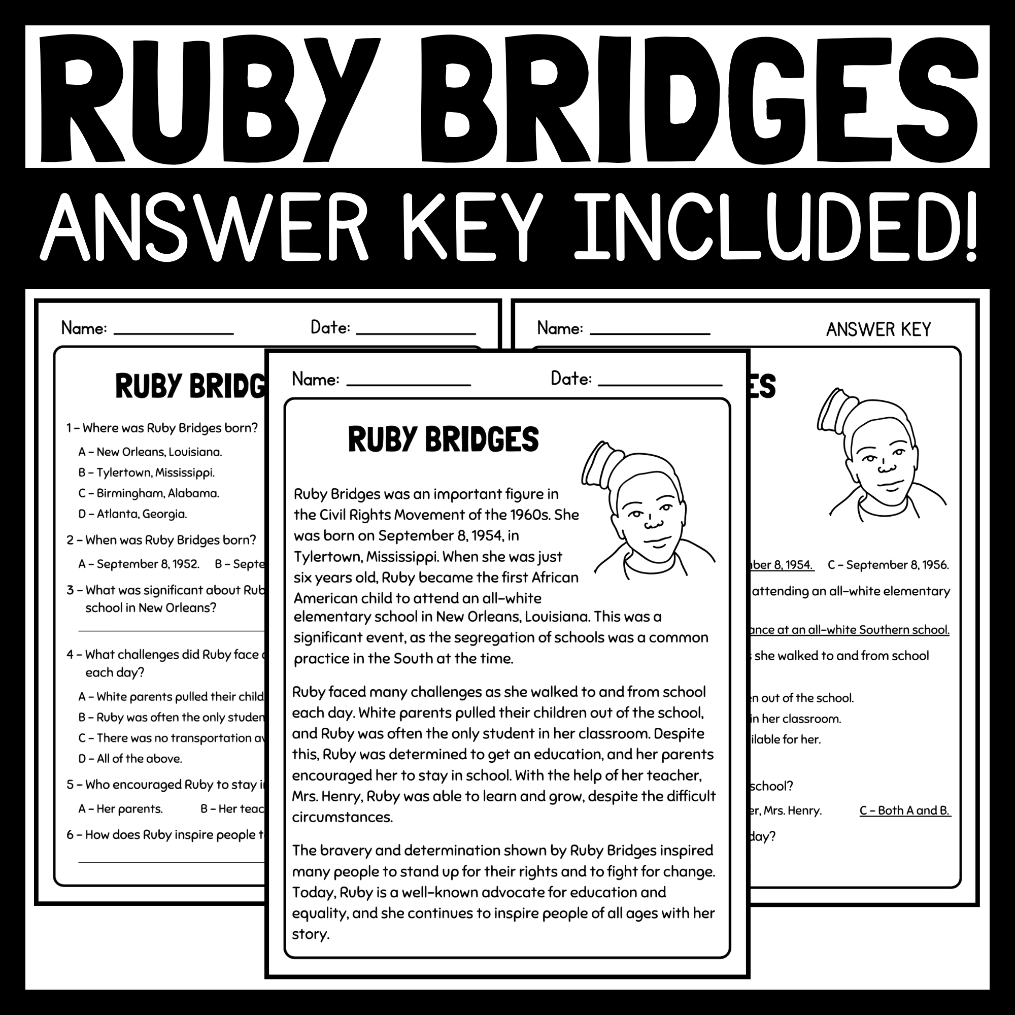 Ruby Bridges: Article and Reading Comprehension Questions | Women's ...
