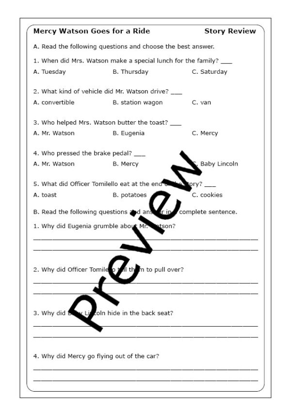 Kate DiCamillo "Mercy Watson Goes for a Ride" worksheets | Made By Teachers
