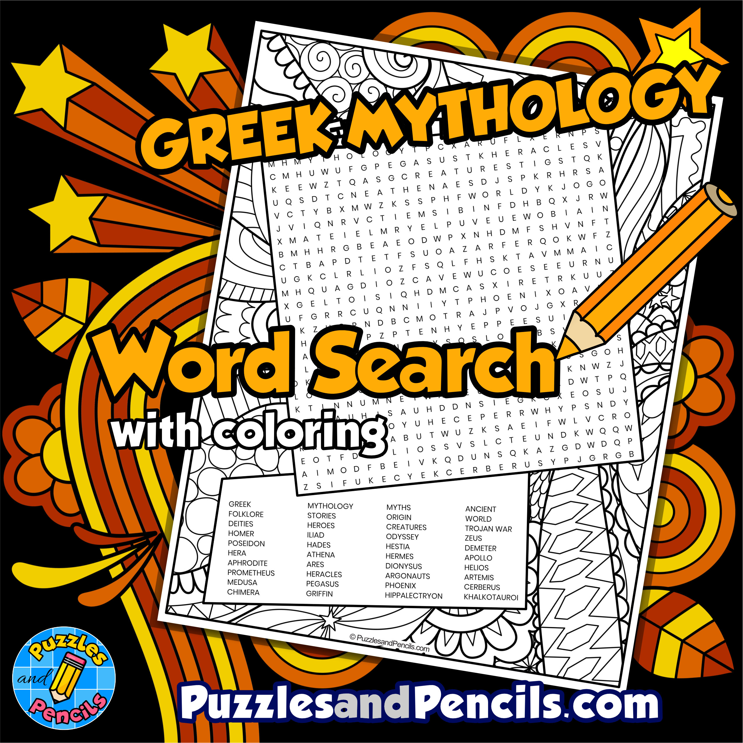 Greek Mythology Word Search Puzzle with Coloring | Wordsearch | Made By ...
