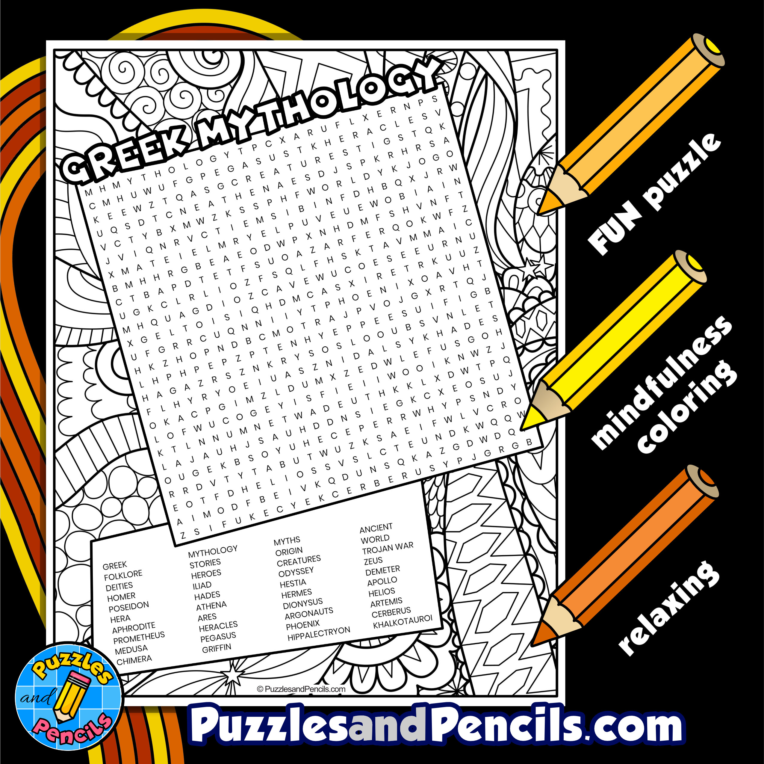 Greek Mythology Word Search Puzzle with Coloring | Wordsearch | Made By ...