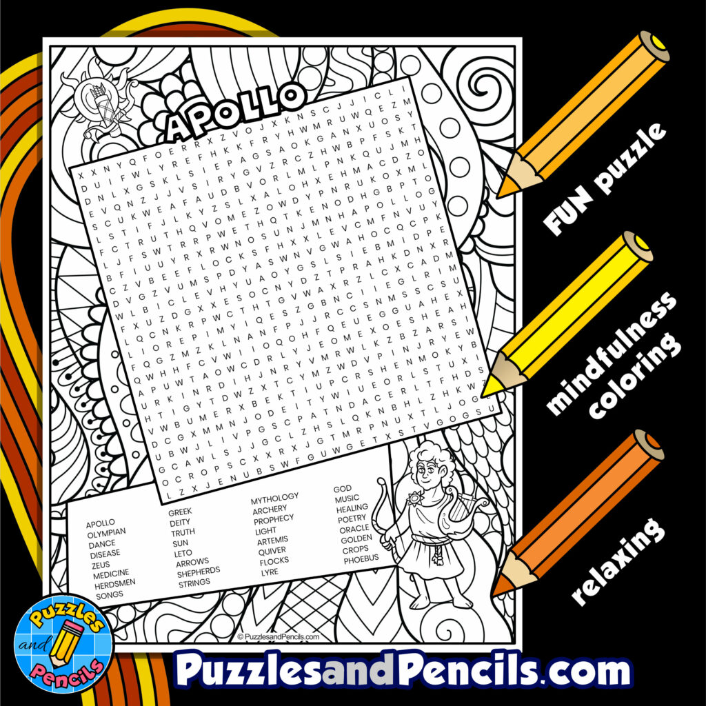 Apollo Word Search Puzzle with Coloring | Greek Mythology Wordsearch ...