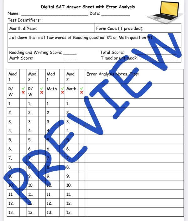 SAT Prep Tutoring Form: New Digital SAT Answer Sheet: Reading, Writing ...