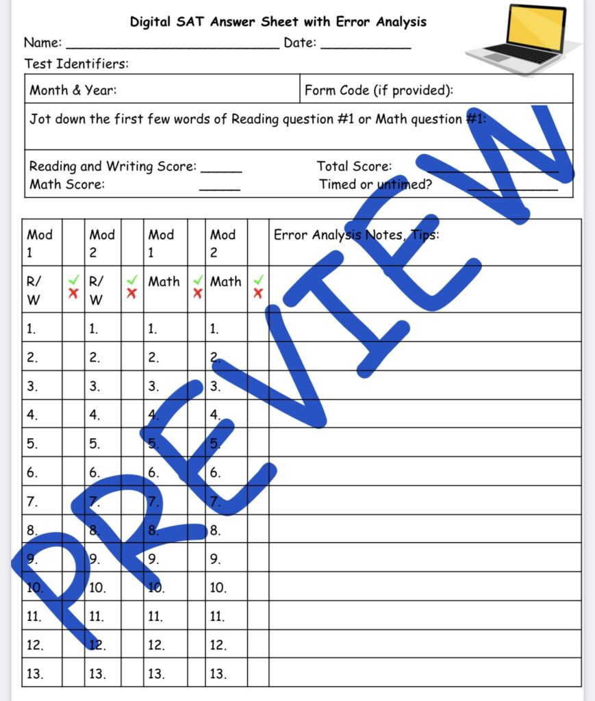 SAT Prep Tutoring Form: New Digital SAT Answer Sheet: Reading, Writing ...
