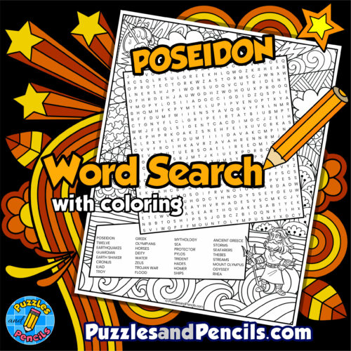 Poseidon Word Search Puzzle with Coloring | Greek Mythology Wordsearch ...