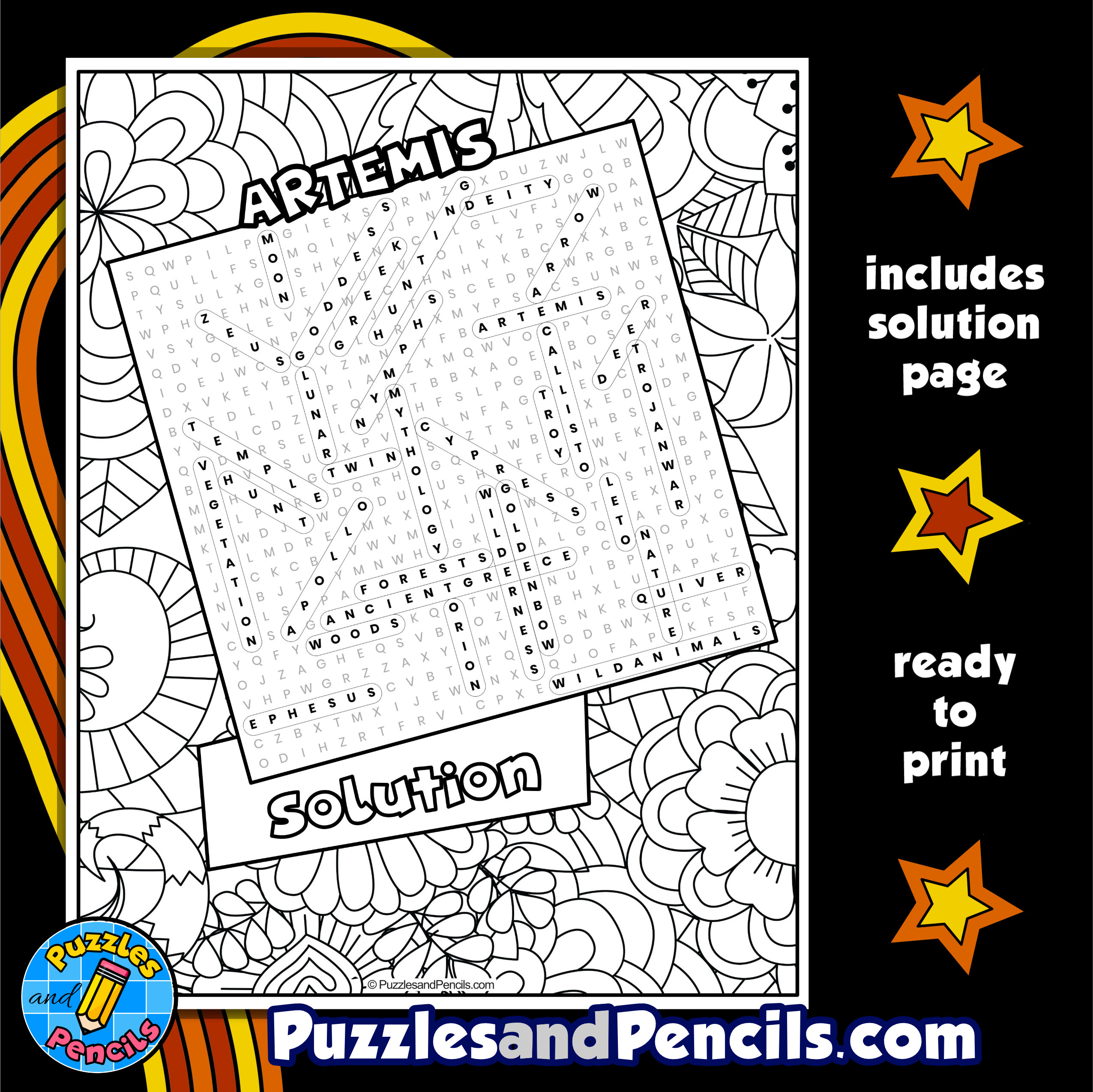 Artemis Word Search Puzzle with Coloring | Greek Mythology Wordsearch ...