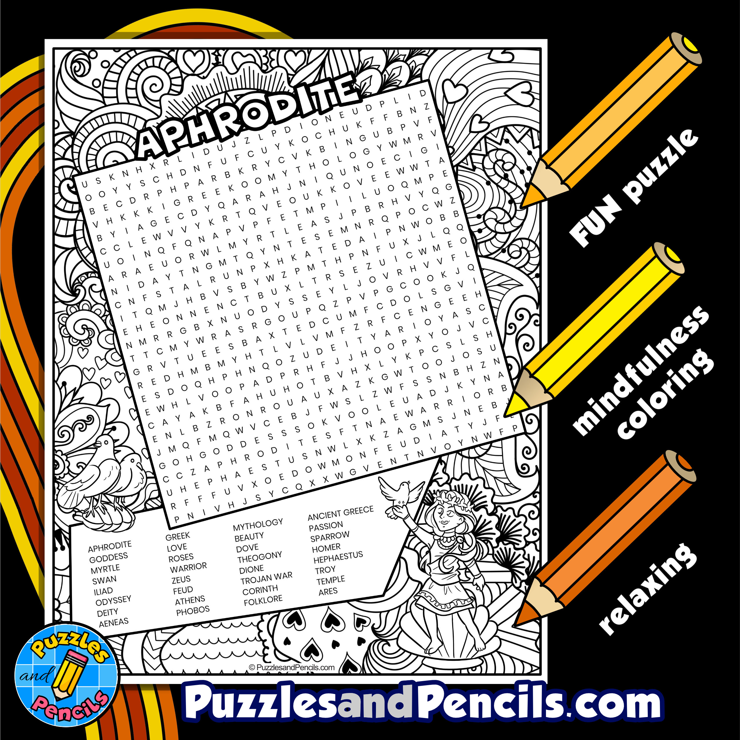 Aphrodite Word Search Puzzle with Coloring | Greek Mythology Wordsearch ...