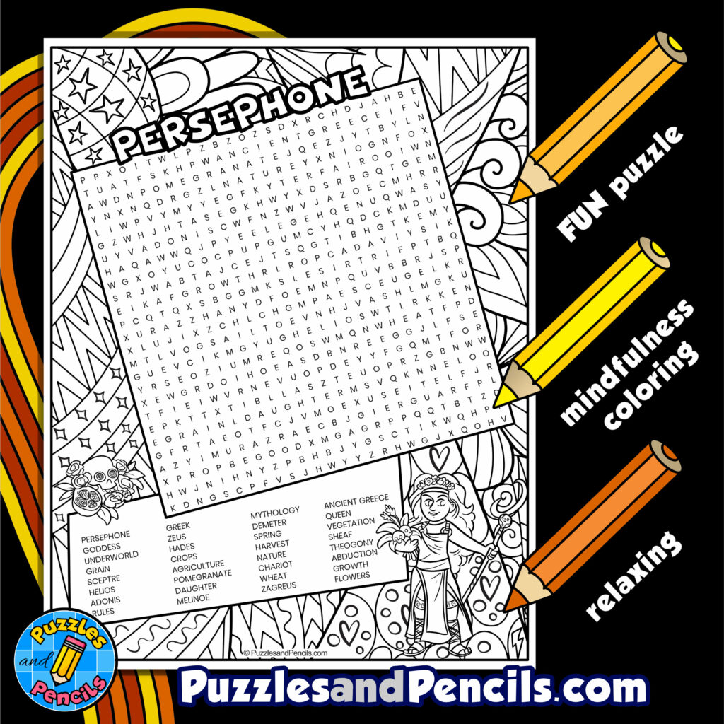 Persephone Word Search Puzzle with Coloring | Greek Mythology ...