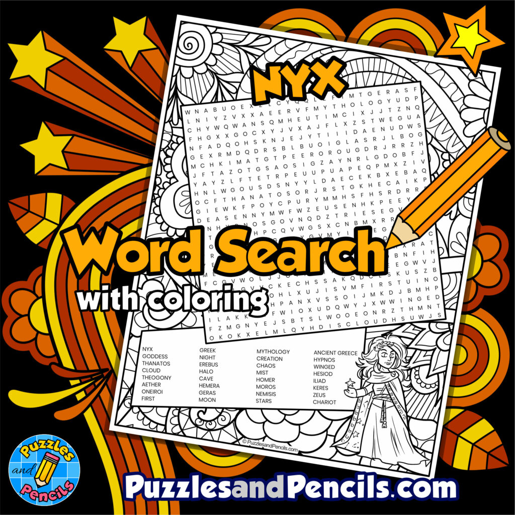 Nyx Word Search Puzzle with Coloring | Greek Mythology Wordsearch ...