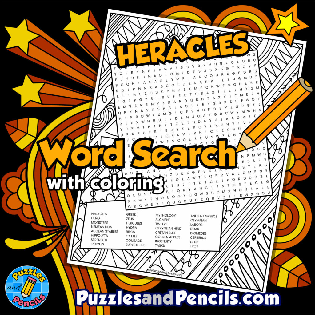 Heracles Word Search Puzzle with Coloring | Hercules | Greek Mythology ...