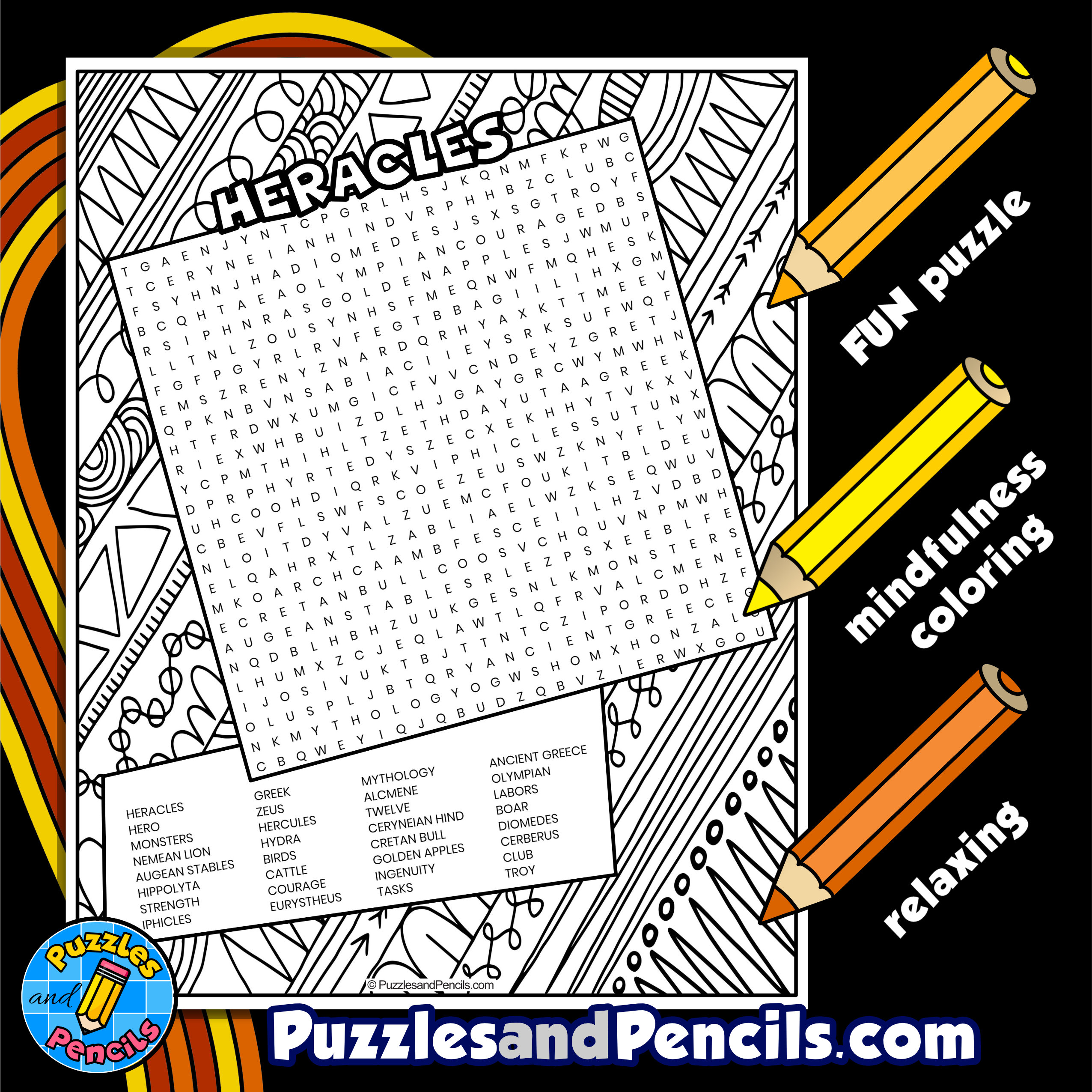 Heracles Word Search Puzzle with Coloring | Hercules | Greek Mythology ...