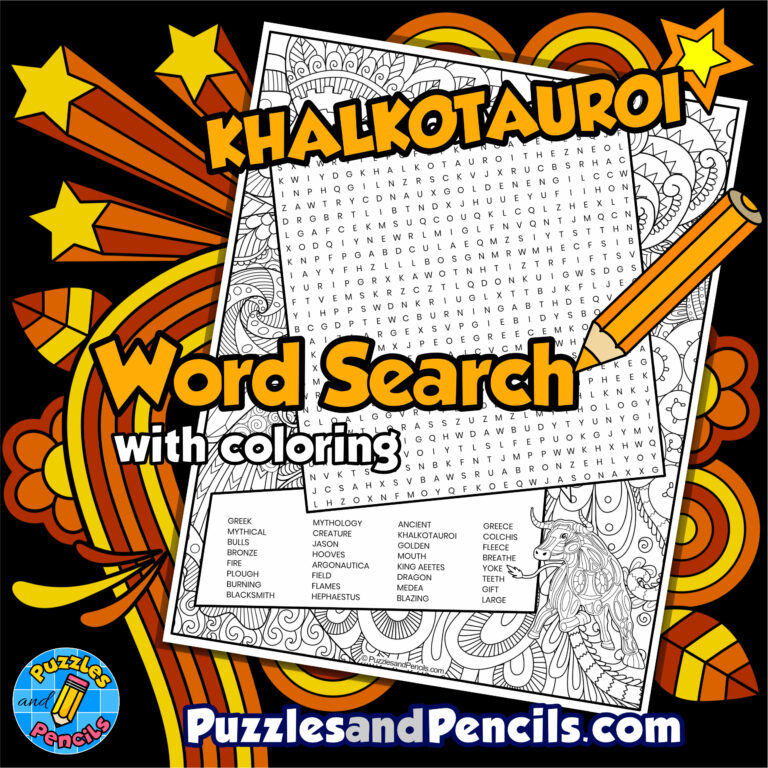 Khalkotauroi Word Search Puzzle with Coloring | Greek Mythology ...