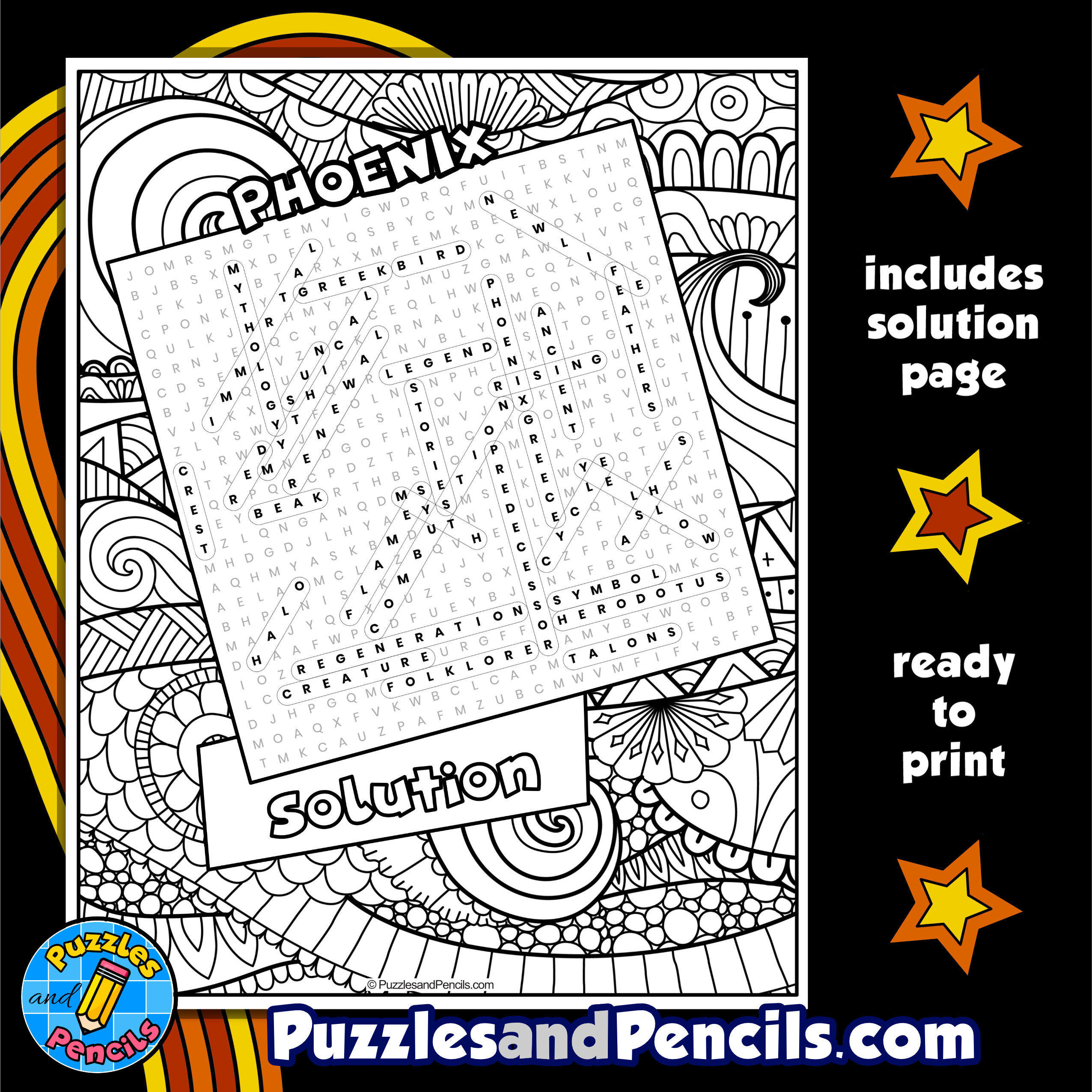 Phoenix Word Search Puzzle with Coloring | Greek Mythology Wordsearch ...