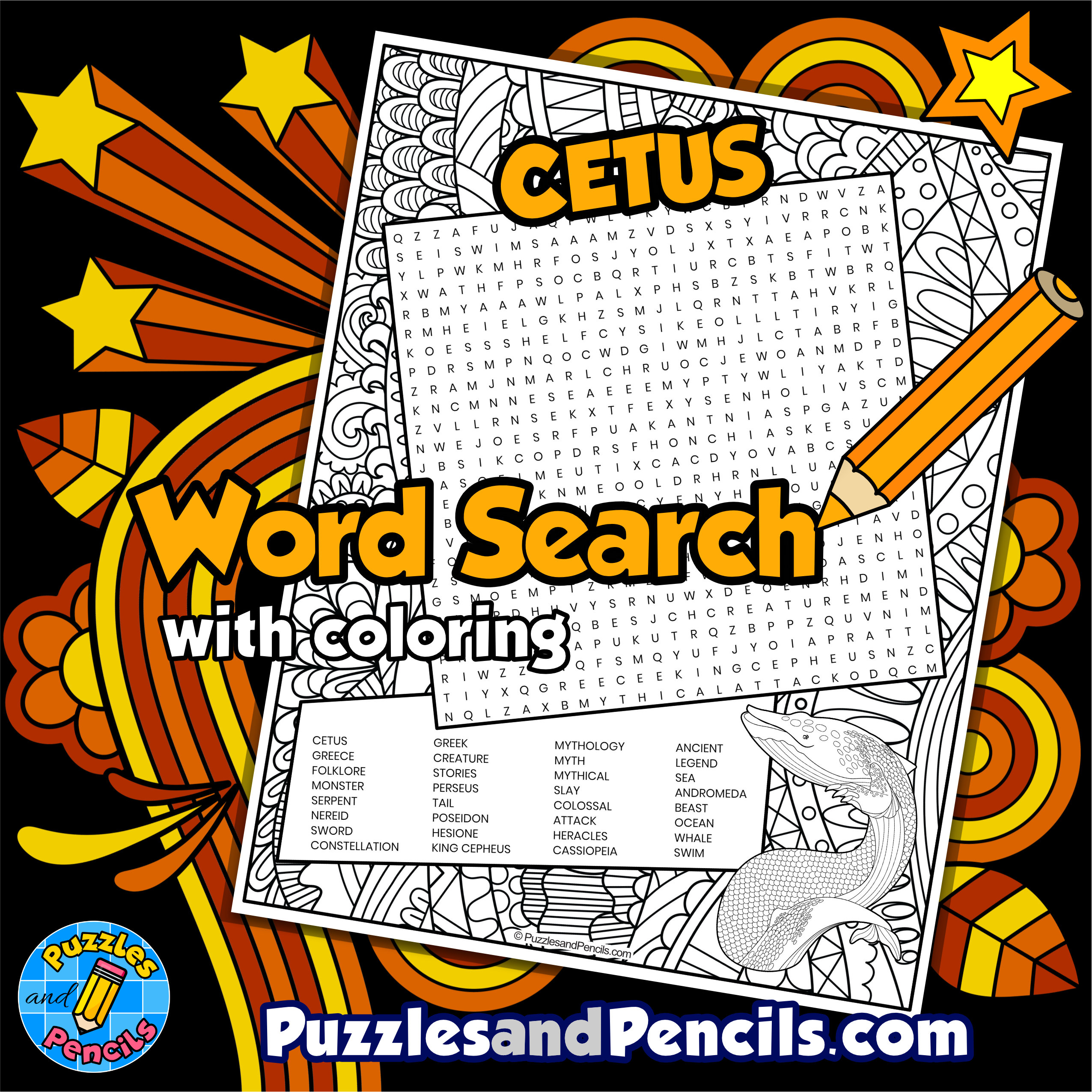 Cetus Word Search Puzzle with Coloring | Greek Mythology Wordsearch ...