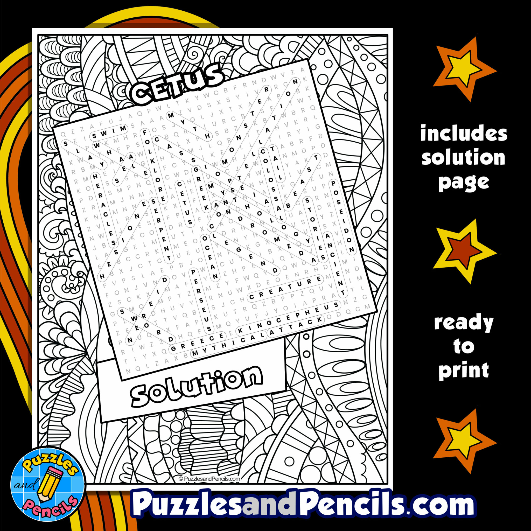 Cetus Word Search Puzzle with Coloring | Greek Mythology Wordsearch ...