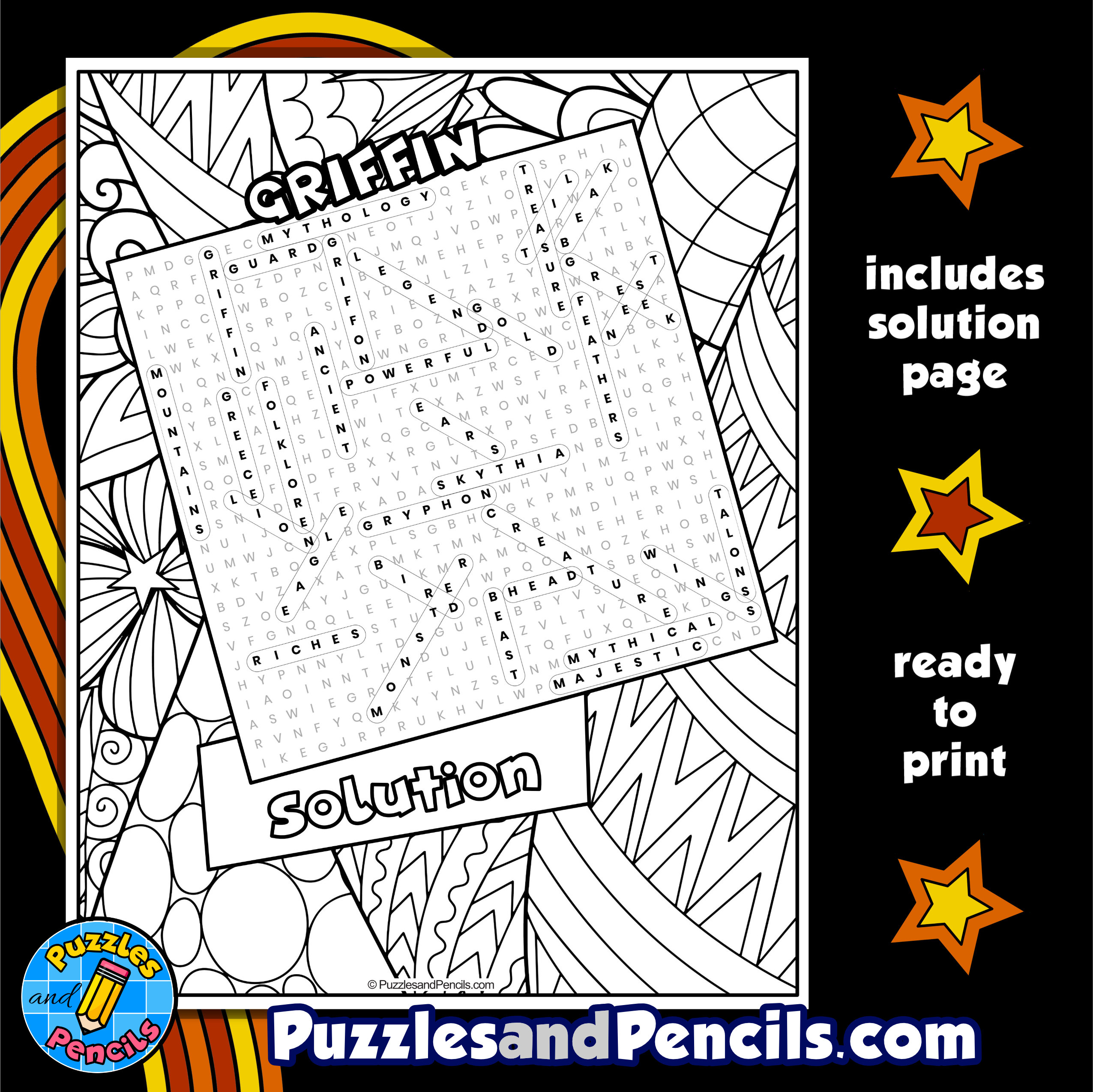 Griffin Word Search Puzzle with Coloring | Greek Mythology Wordsearch ...