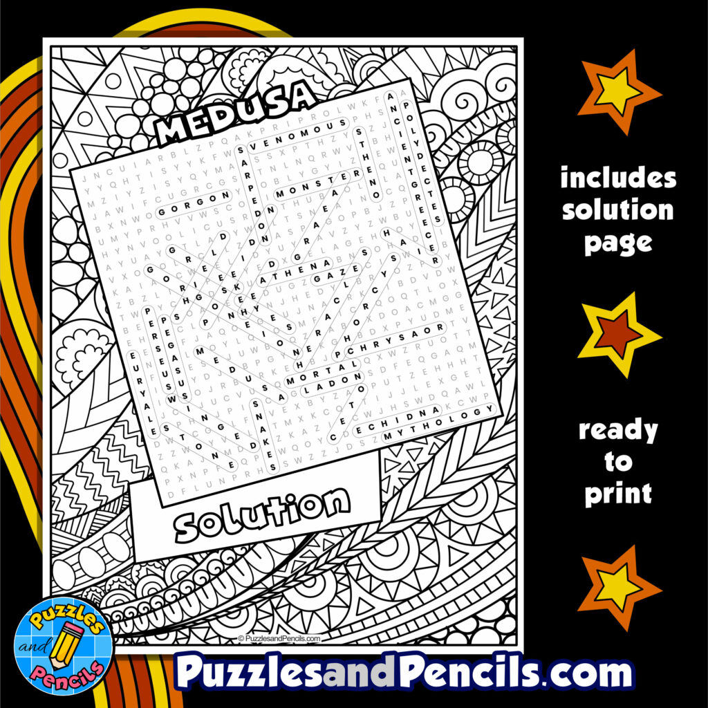 Medusa Word Search Puzzle with Coloring | Greek Mythology Wordsearch ...