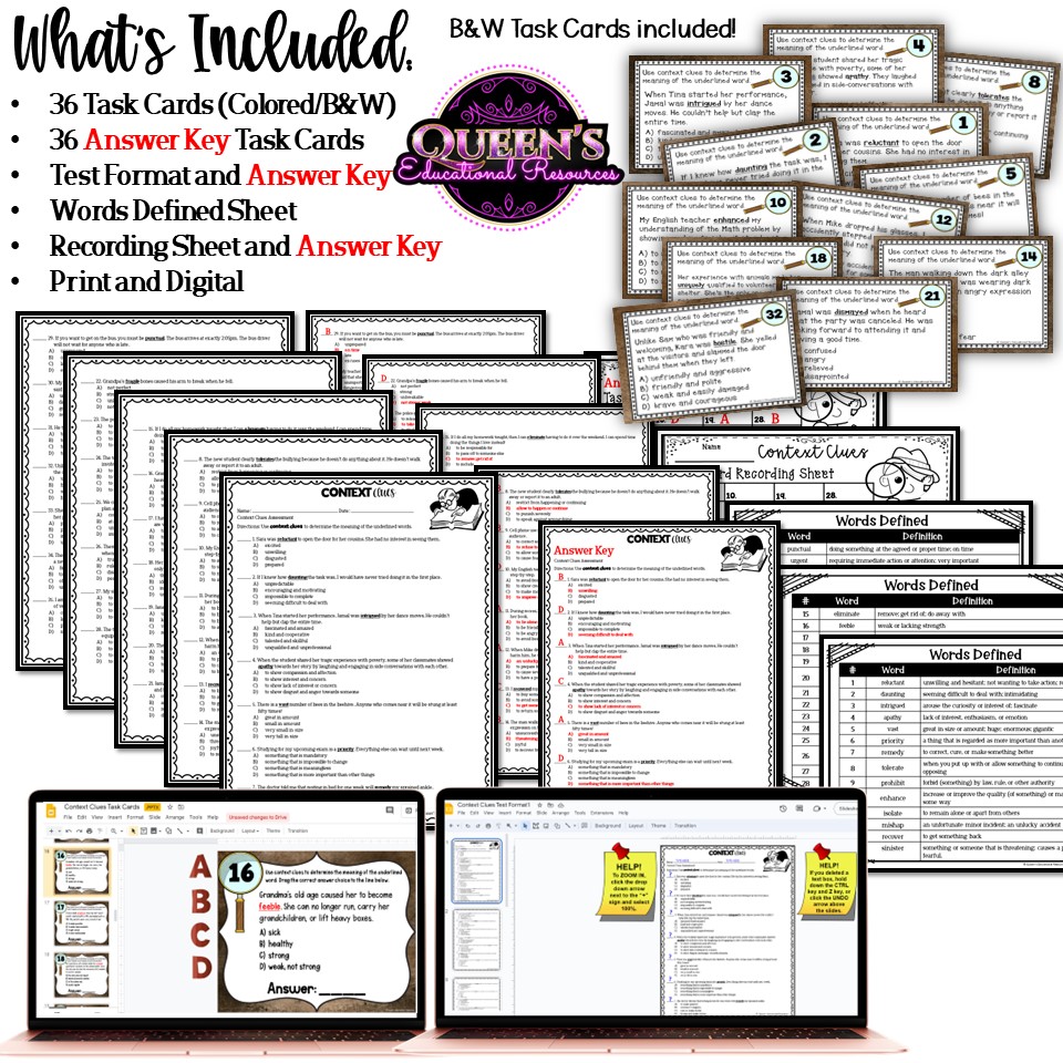 Context Clues Task Cards and Assessment, Reading Comprehension | Made ...