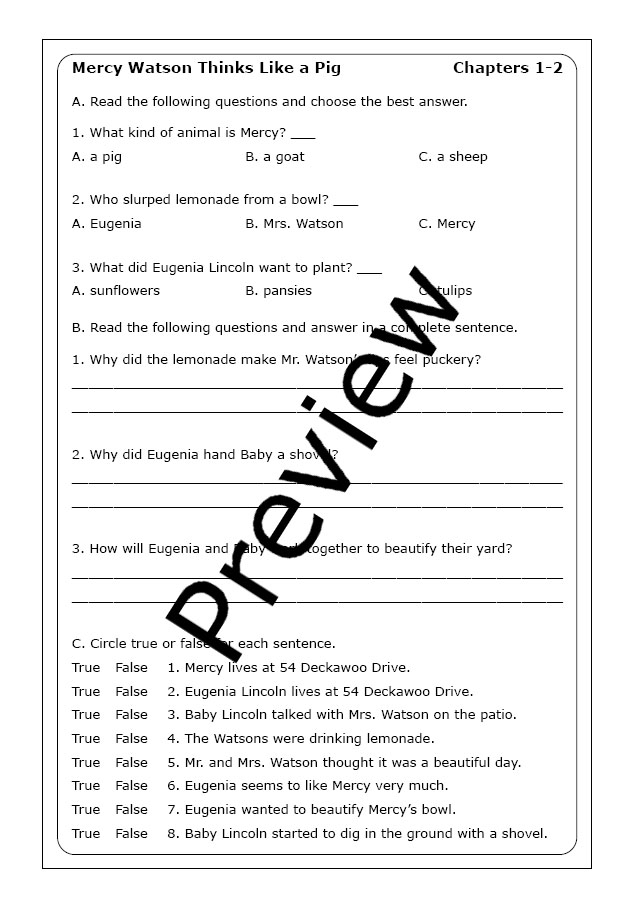 Kate DiCamillo "Mercy Watson Thinks Like a Pig" worksheets | Made By ...