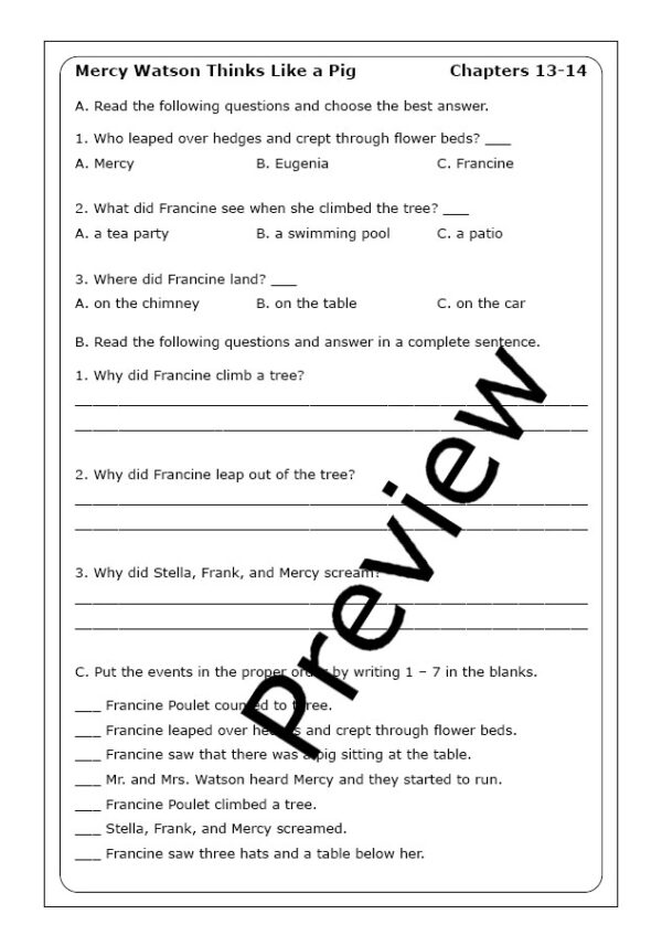 Kate DiCamillo "Mercy Watson Thinks Like a Pig" worksheets | Made By ...
