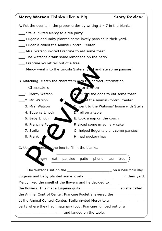 Kate DiCamillo "Mercy Watson Thinks Like a Pig" worksheets | Made By ...