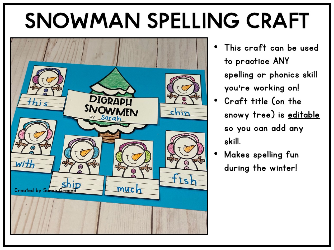 Snowman Craft for Spelling or Phonics Skill (editable title included ...