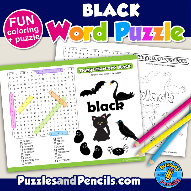 Things that are Black Word Search Puzzle and Coloring | Color ...