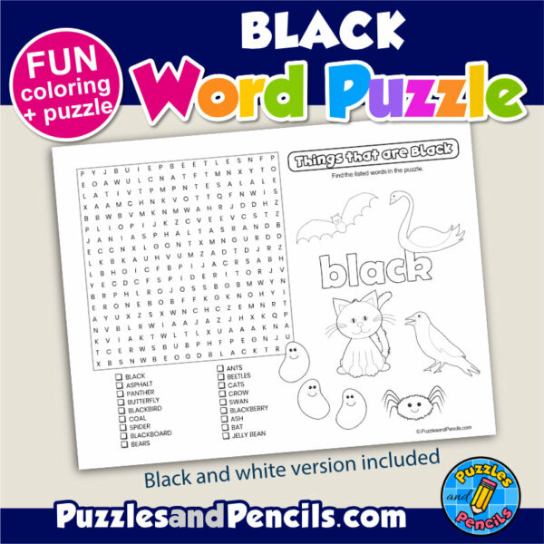 Things that are Black Word Search Puzzle and Coloring | Color ...