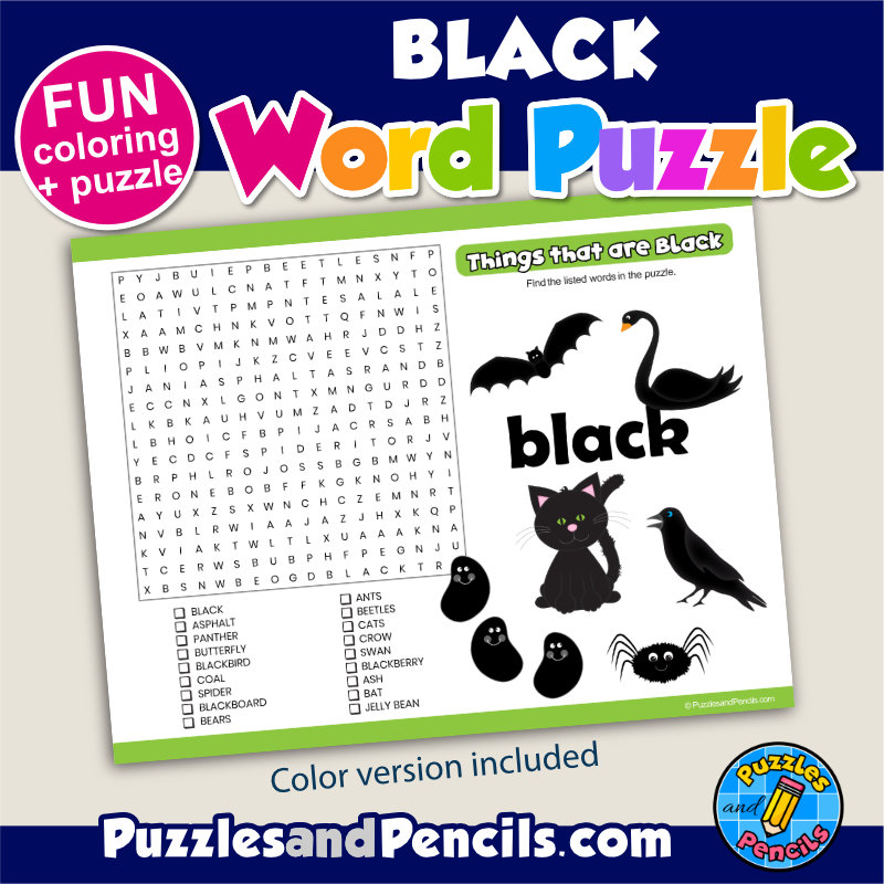 Things that are Black Word Search Puzzle and Coloring | Color ...