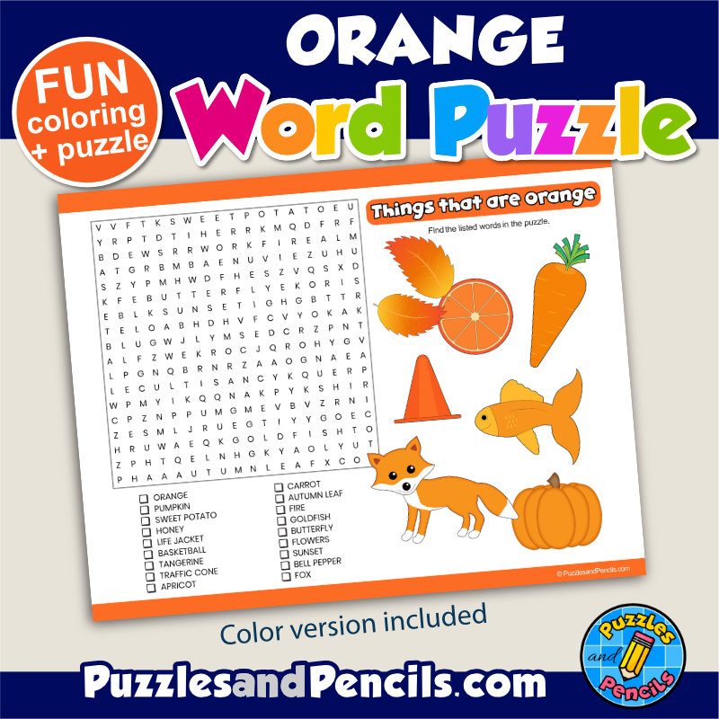 Things that are Orange Word Search Puzzle and Coloring | Color ...