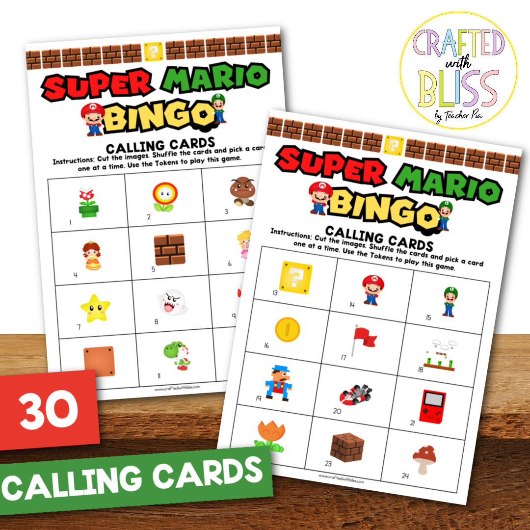 50 Mario Bingo Cards (5x5), Plumber Theme, Mario Bingo Game, Super ...