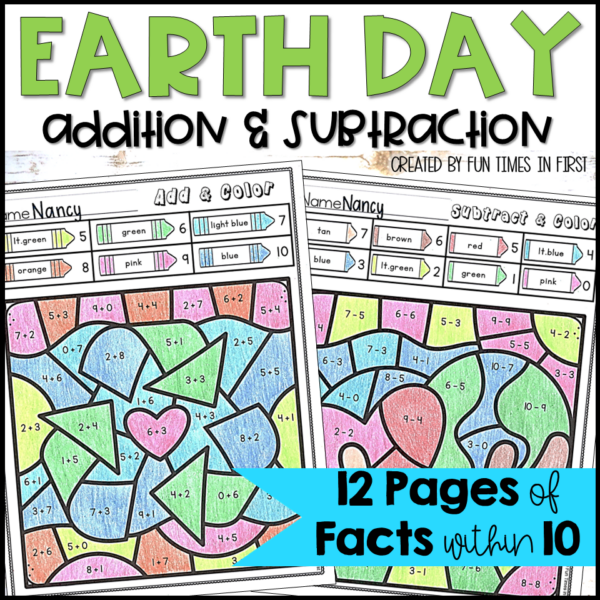 Earth Day Color by Number | Addition Subtraction & Mixed Practice to 10 ...