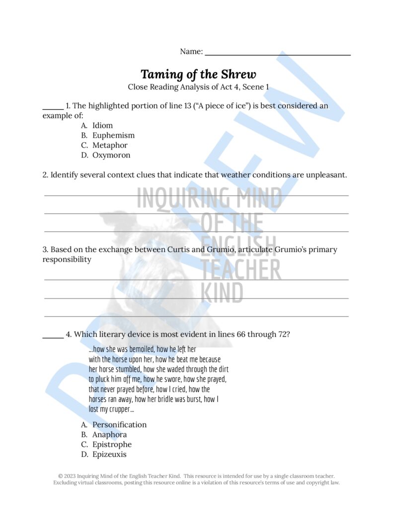 Taming of the Shrew Close Reading Worksheets Bundle | Made By Teachers
