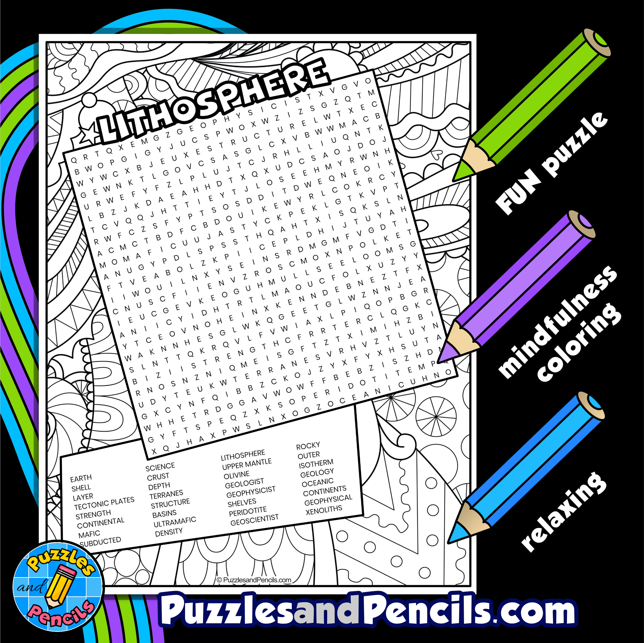 Lithosphere Word Search Puzzle with Coloring | Earth Sciences ...