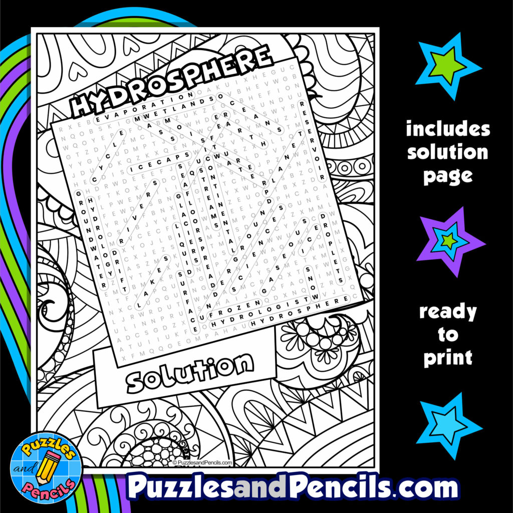 Hydrosphere Word Search Puzzle with Coloring | Earth Sciences ...