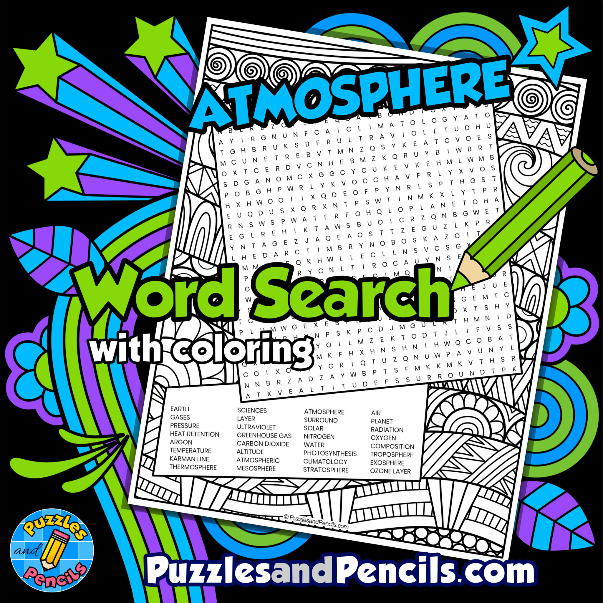 Atmosphere Word Search Puzzle with Coloring | Earth Sciences Wordsearch ...