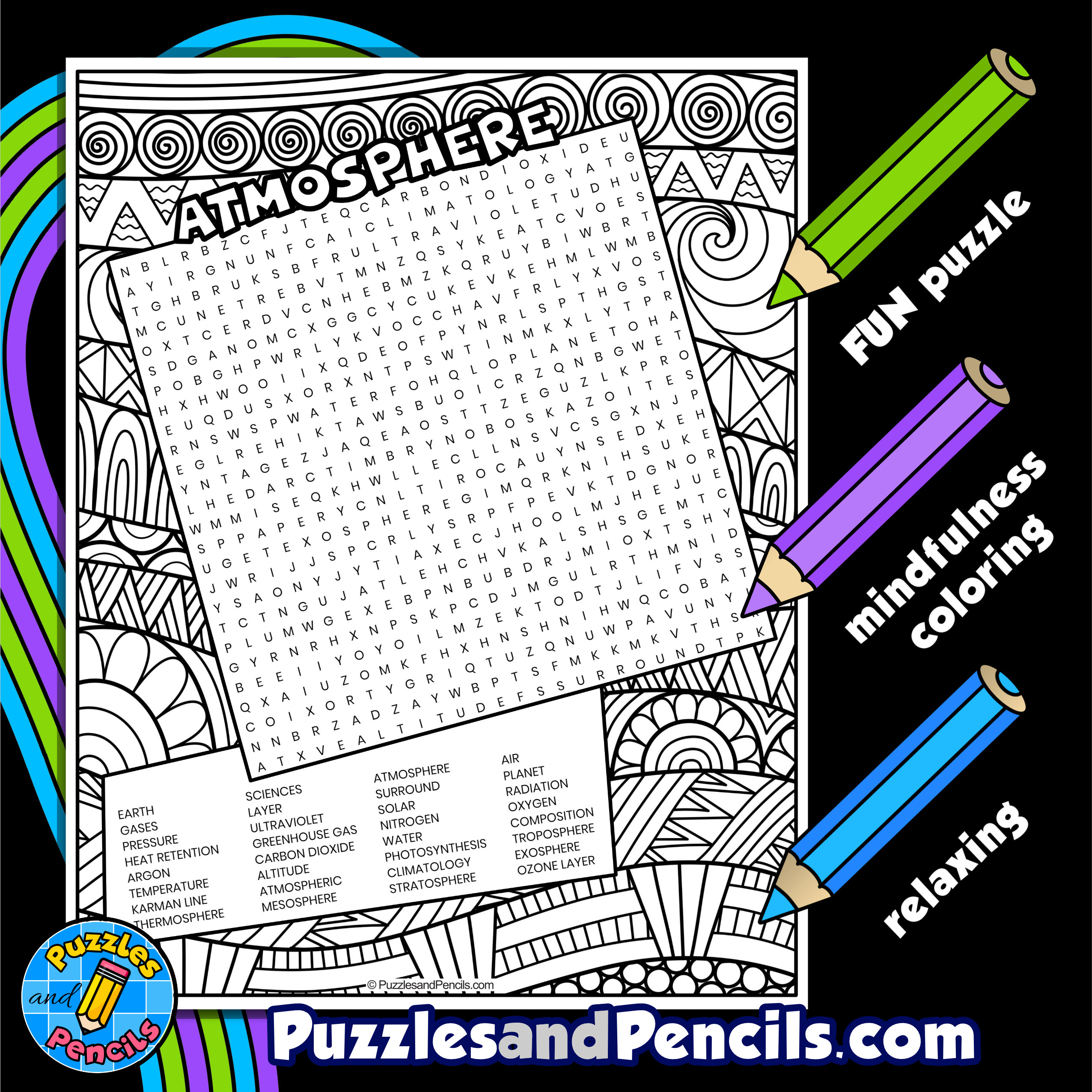 Atmosphere Word Search Puzzle with Coloring | Earth Sciences Wordsearch ...