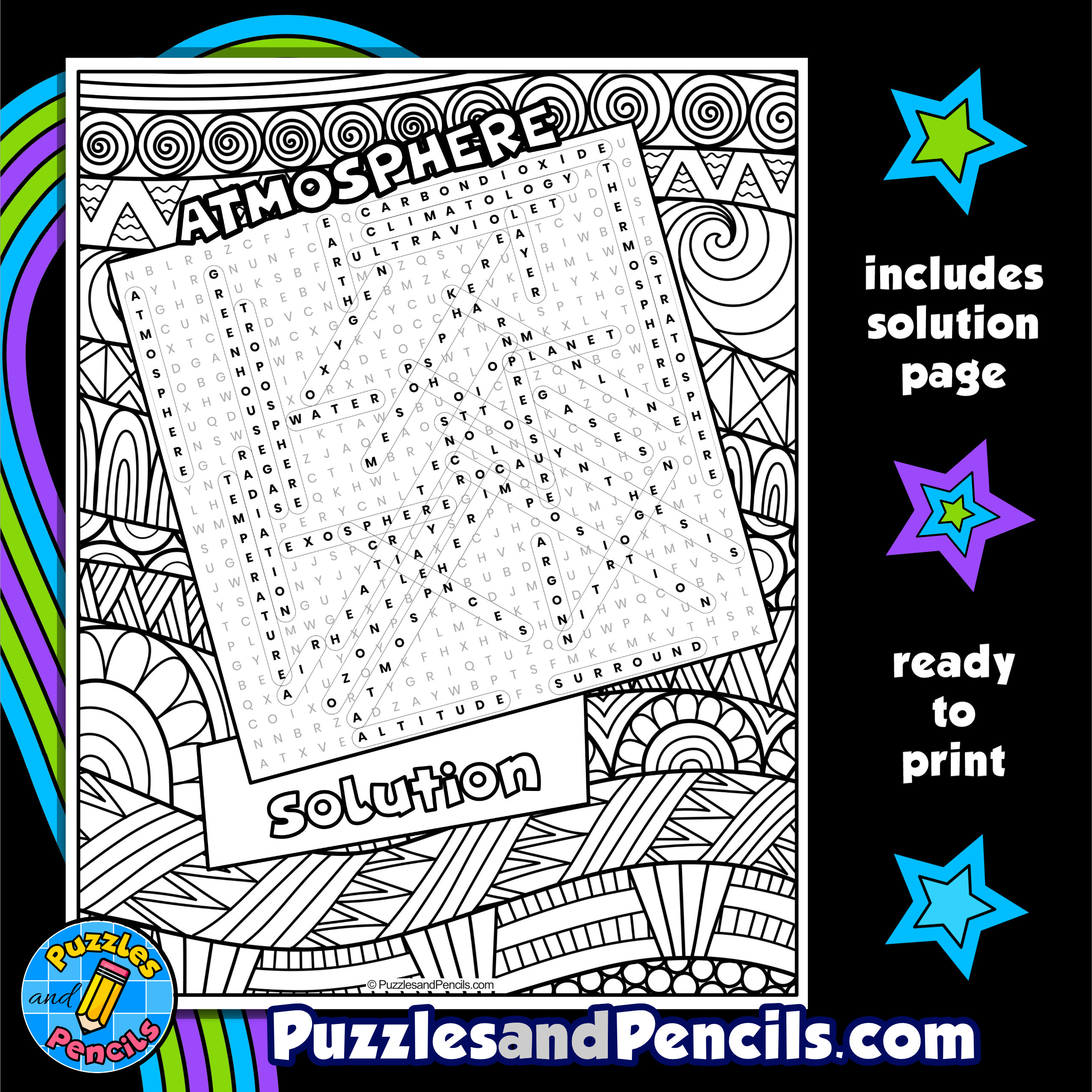 Atmosphere Word Search Puzzle with Coloring | Earth Sciences Wordsearch ...