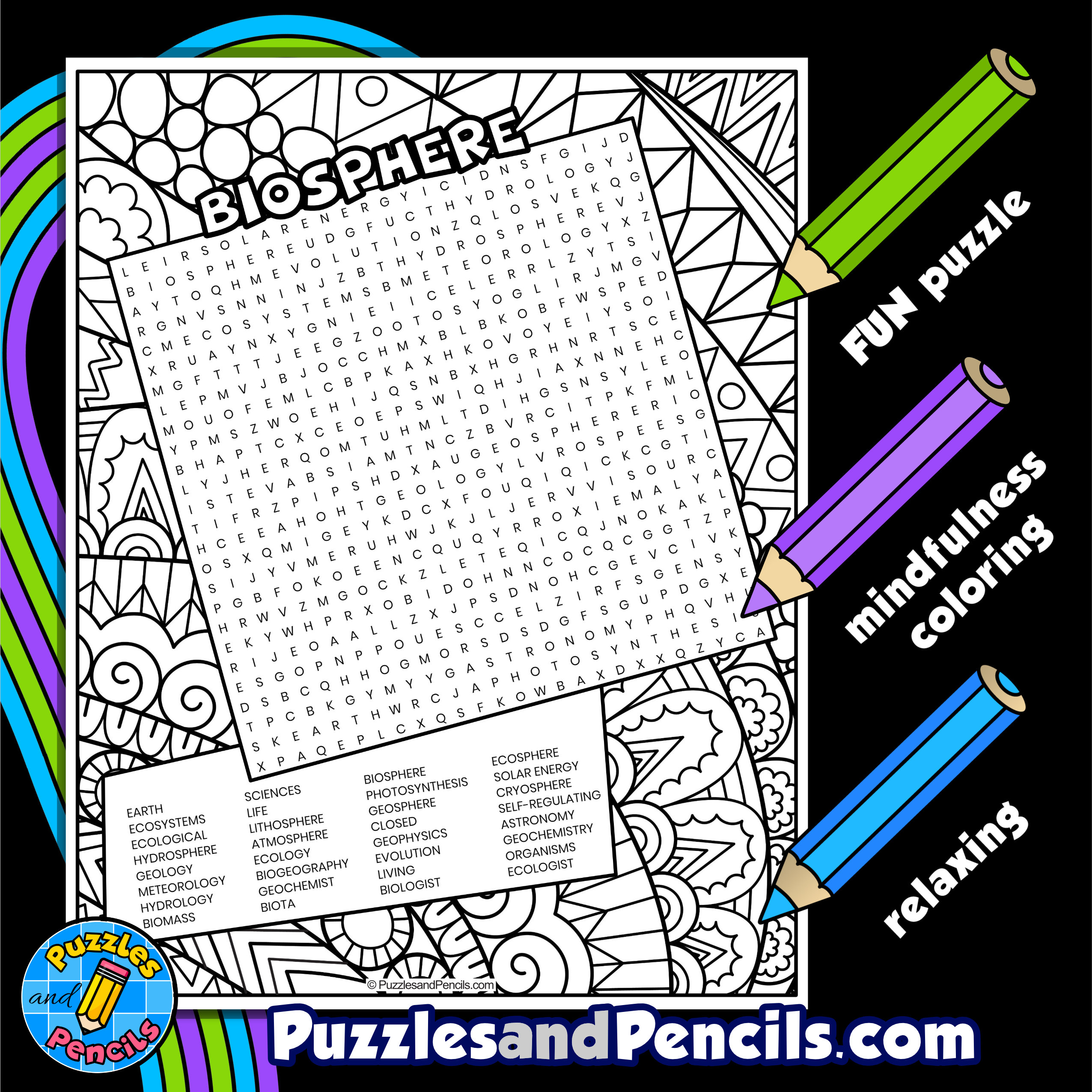 Biosphere Word Search Puzzle with Coloring | Earth Sciences Wordsearch ...