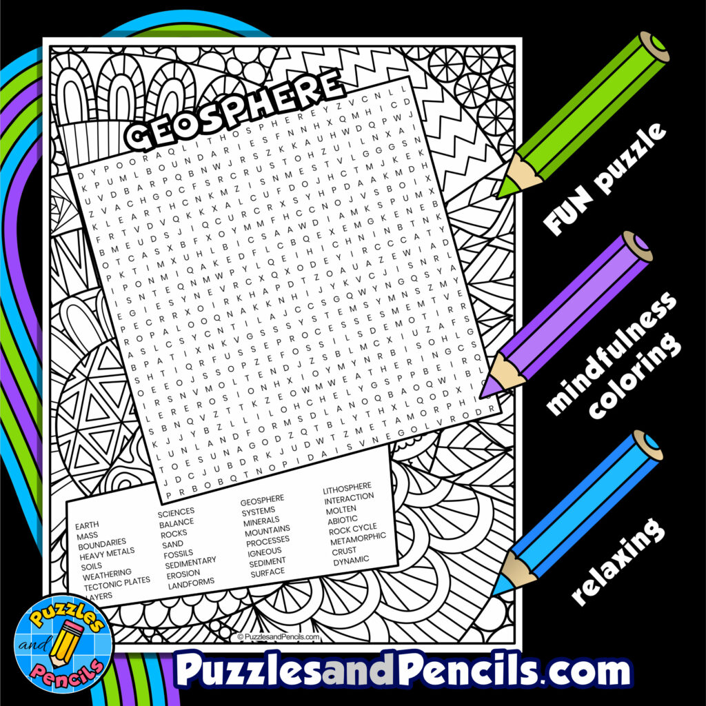Geosphere Word Search Puzzle with Coloring | Earth Sciences Wordsearch ...